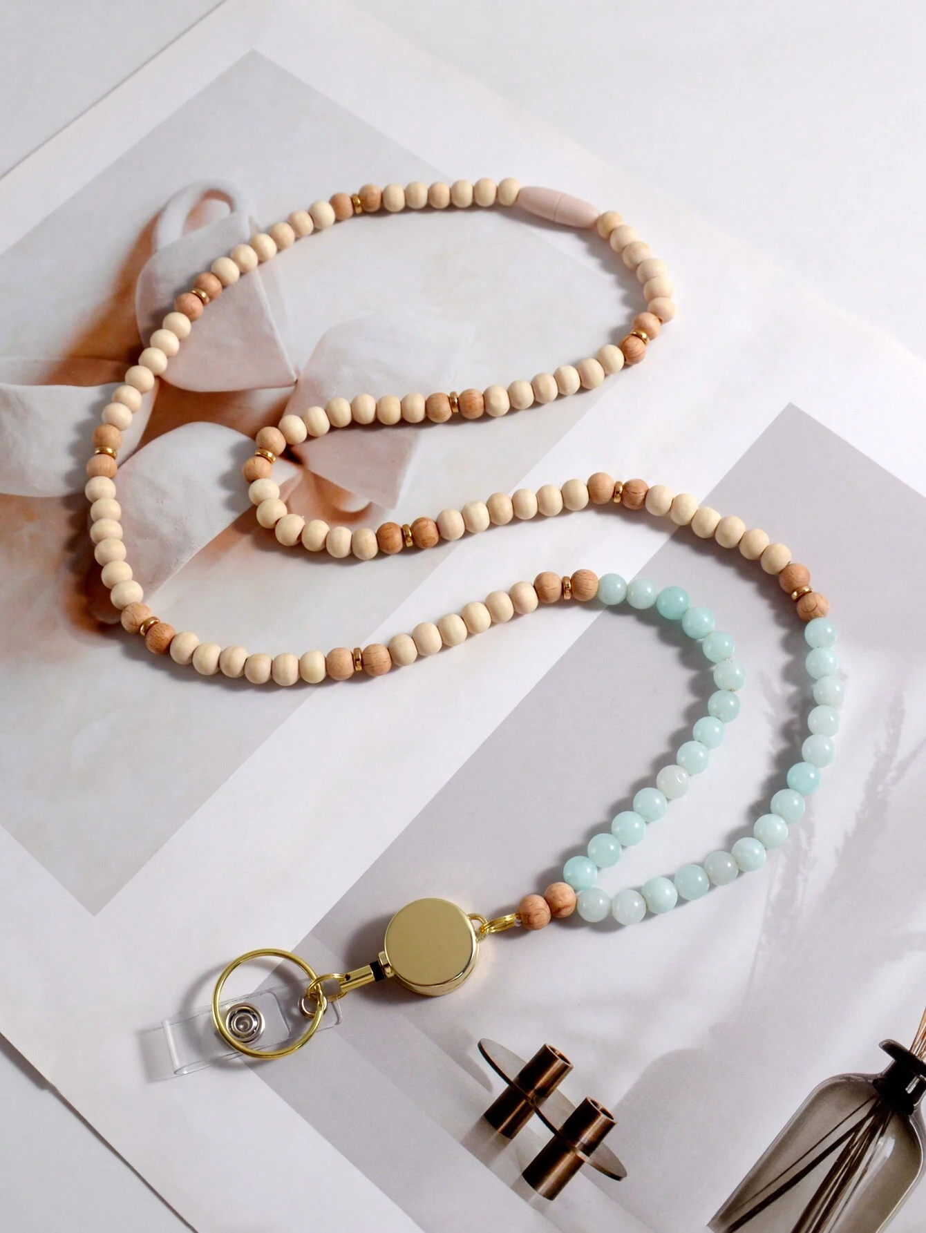 New Europe Trendy Wood Bead Retractable ID Badge Holder Necklace Keys ...