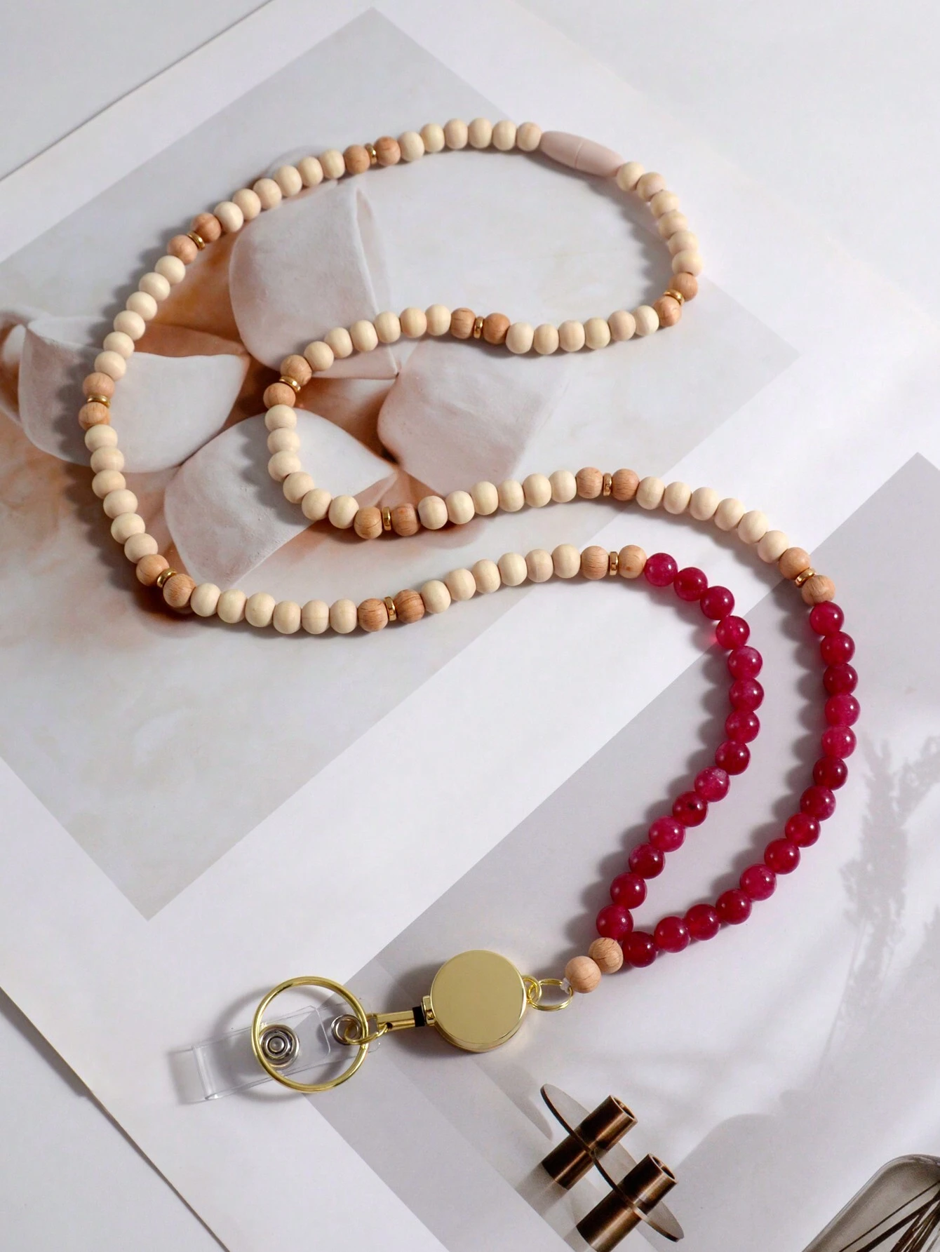 New Europe Trendy Wood Bead Retractable ID Badge Holder Necklace Keys ...