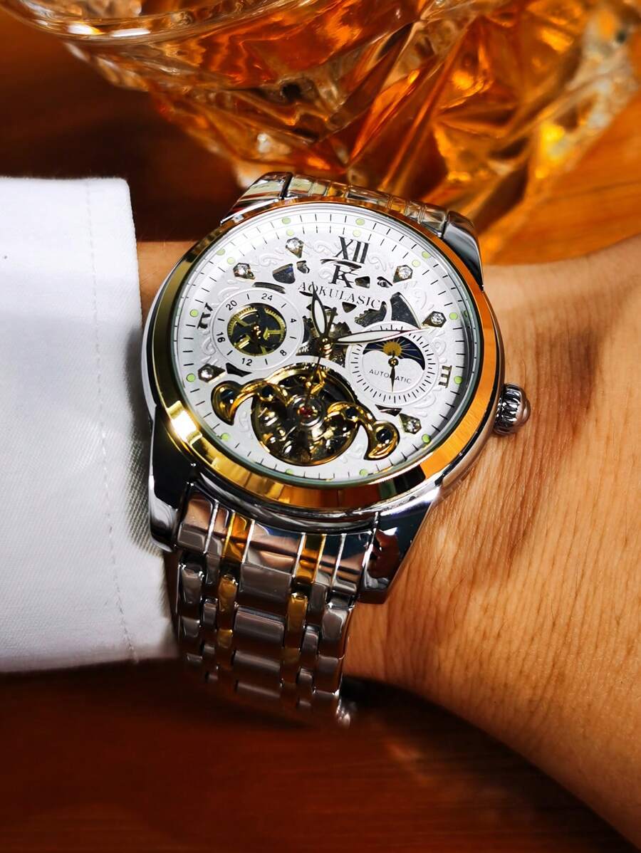 AOKULASIC 1pc Fashionable Gold-White Transparent Hollow Tourbillon Men ...