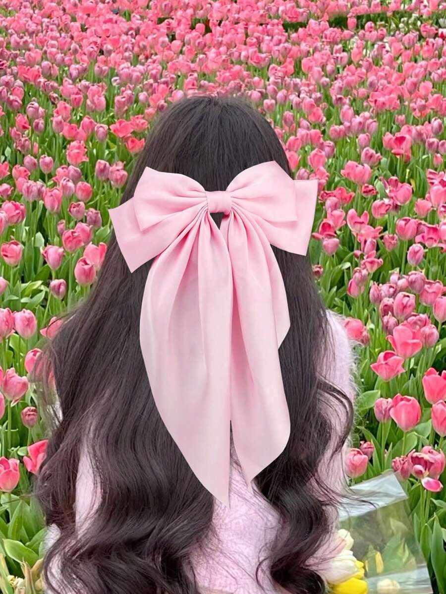 2Pcs Silky Satin Hair Bows Pink Beige Big Hair Bows Hair Ribbons ...