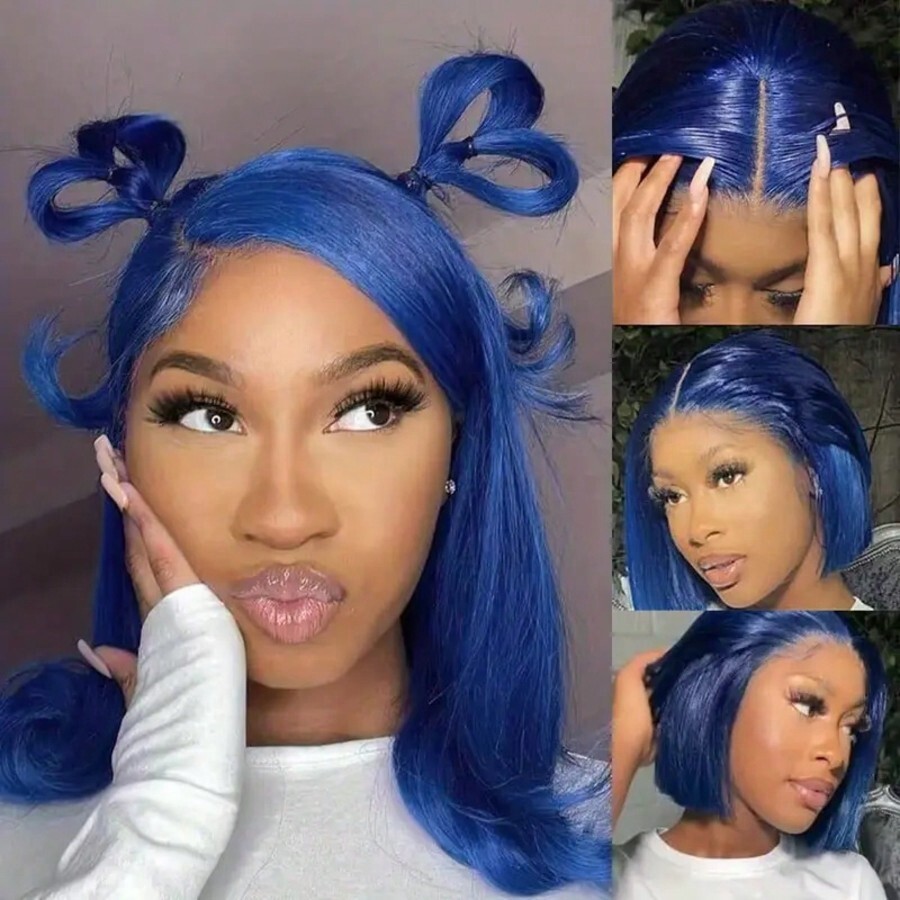 12 Inch Blue Bob Human Hair Lace Front Wigs Brazilian Short Bob Bone