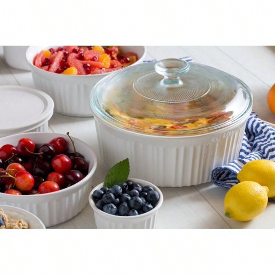 White 8-Piece Ceramic Stoneware Casserole Set With Glass And Plastic ...