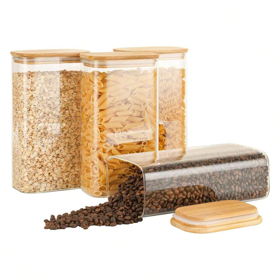 Rectangle Airtight Glass Storage Containers With Bamboo Lids Food ...