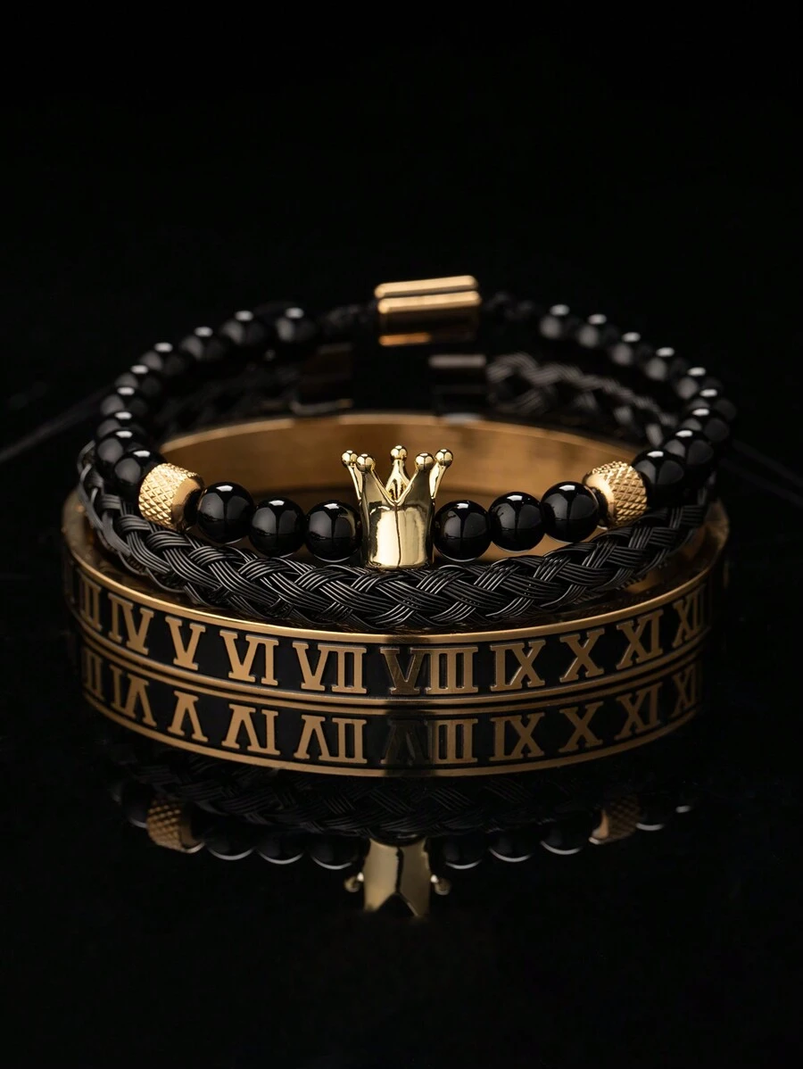 Luxury Roman Royal Crown Charm Men's Bracelet Stainless Steel Geometry ...