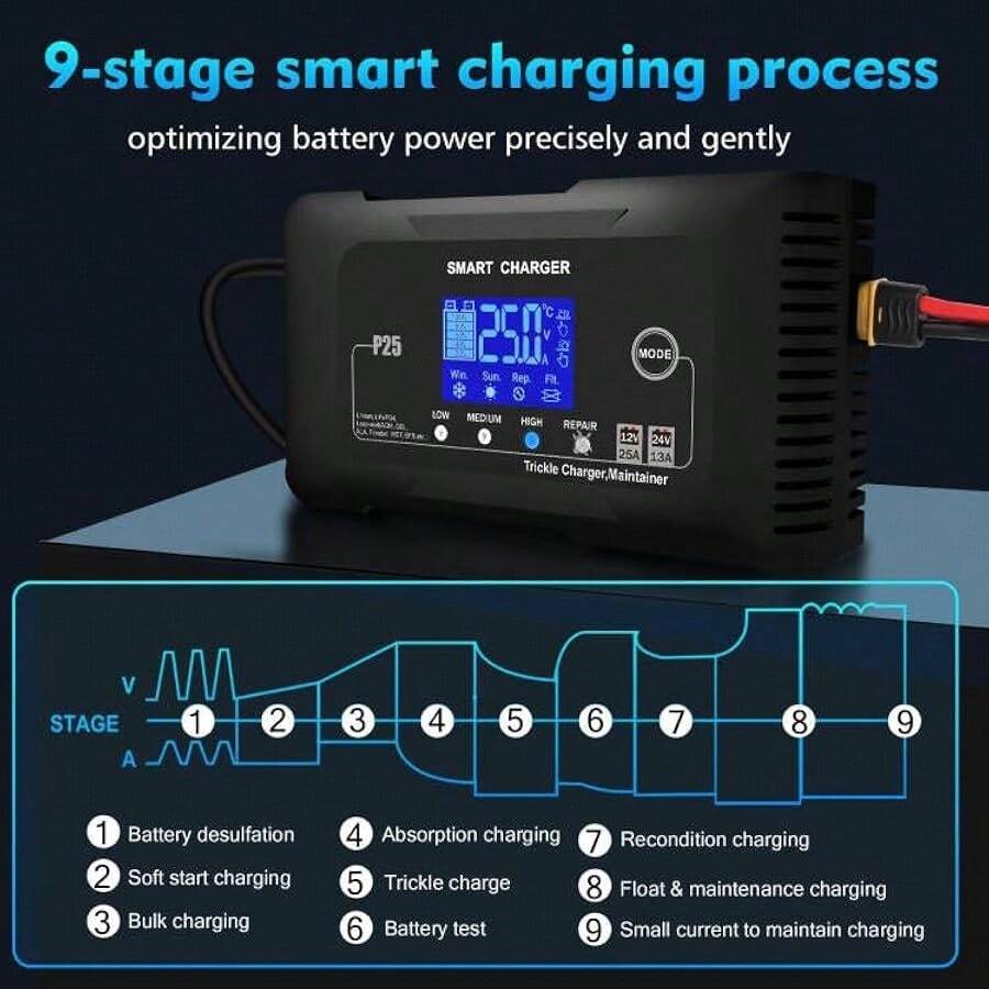 25A Car Battery Charger 12V 24V LiFePO4 Battery Maintainer Desulfator ...