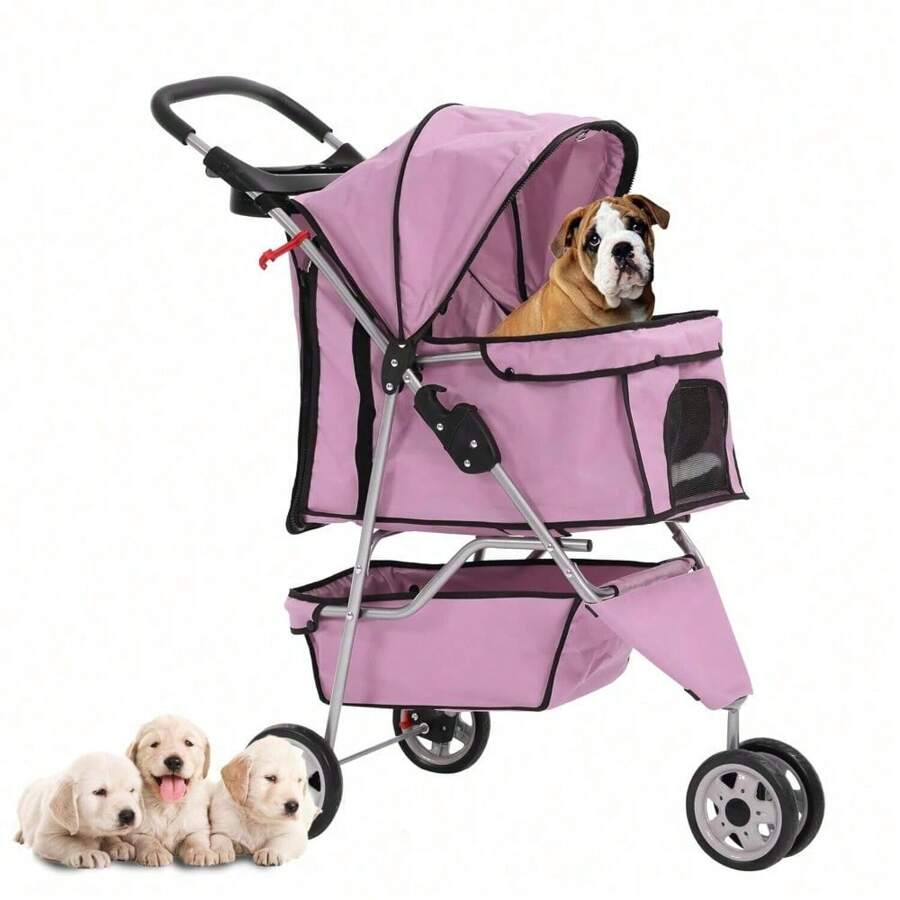 New Pink Pet Stroller Cat Dog Cage 3 Wheels Stroller Travel Folding ...