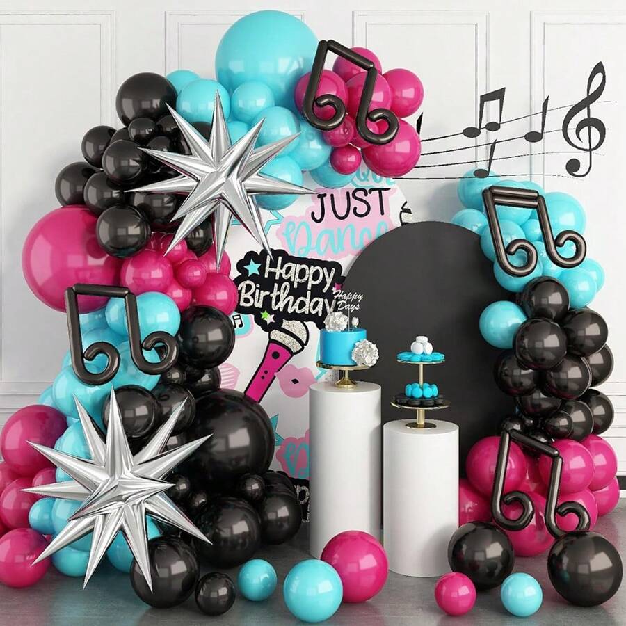 8090s Theme Balloon Arch Set, Hiphop Disco Note Silver Black Explosion Star Birthday Party ...