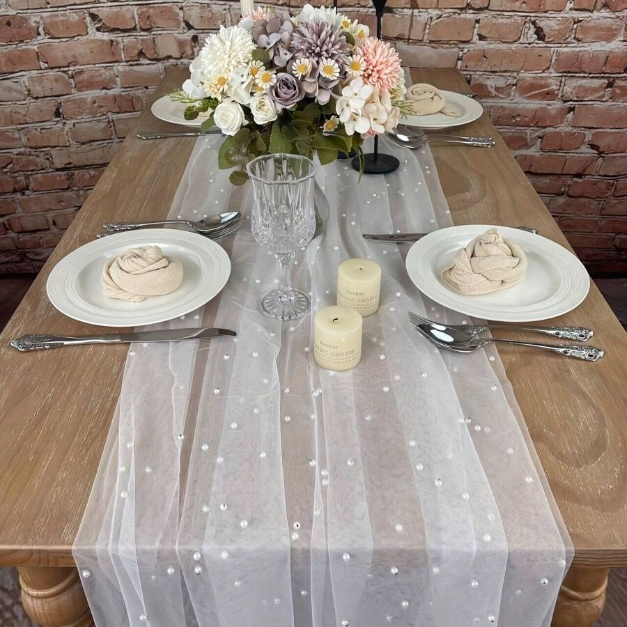 Pearl Table Runner White Tulle Table Runner Boho Polyester Table Runner ...