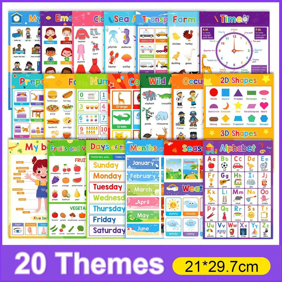 20 English Learning Posters Set Words Flashcards Educational For ...