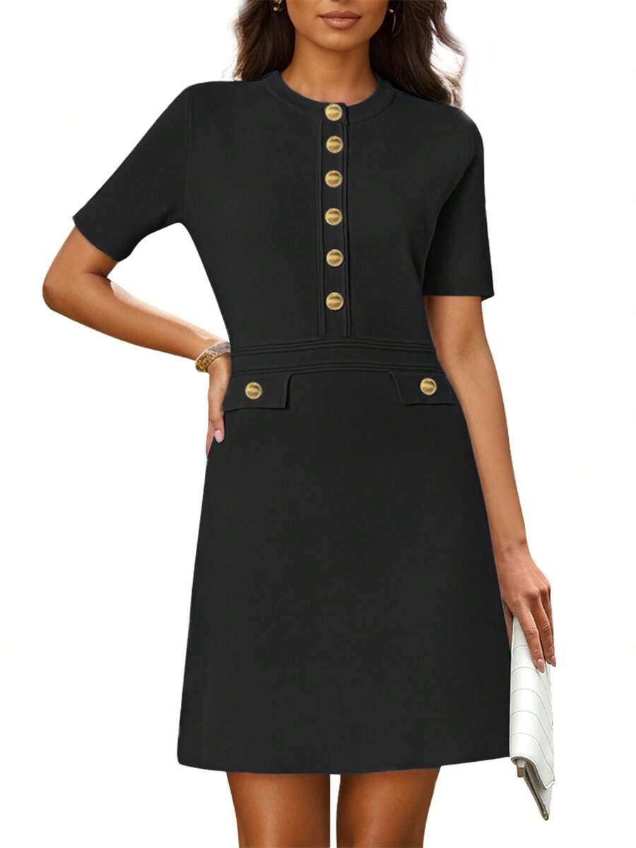 tooluck Old Money Style Duffel Dress, Solid Color Botton Front Design A ...