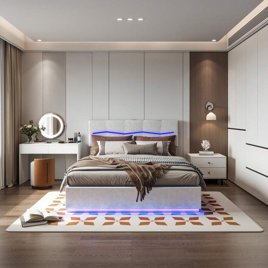 Cama doble tapizada 140*200 cm, cama funcional con iluminación LED y ...