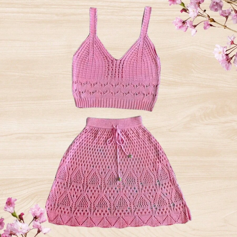 Women's Knitted Beach Cover-Up Set Summer 2025 | Lace Knit Skirt And ...