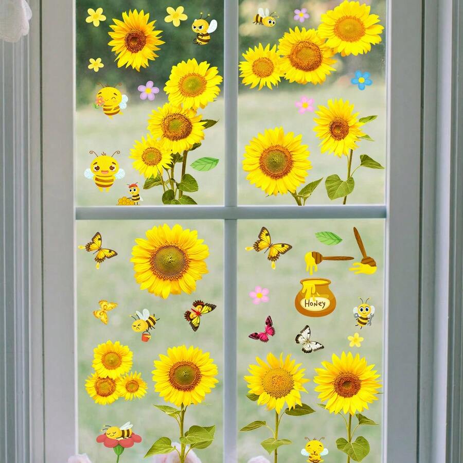 5pcs 3D Sunflower Pattern Window Decal, Removable PVC Glue-Free Static ...
