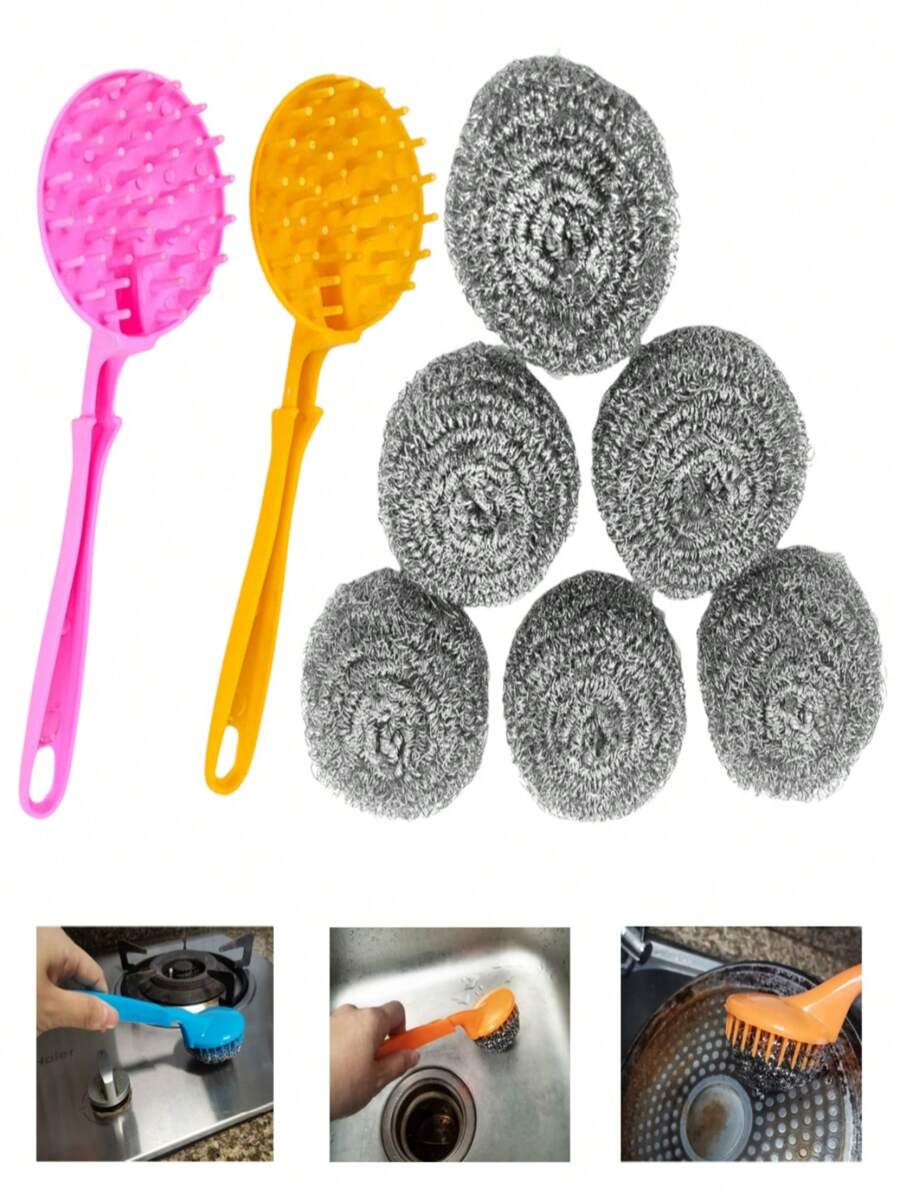 20 Pieces Of 2-Long Handle Stainless Steel Wool Scrubbers, Scrubbing ...