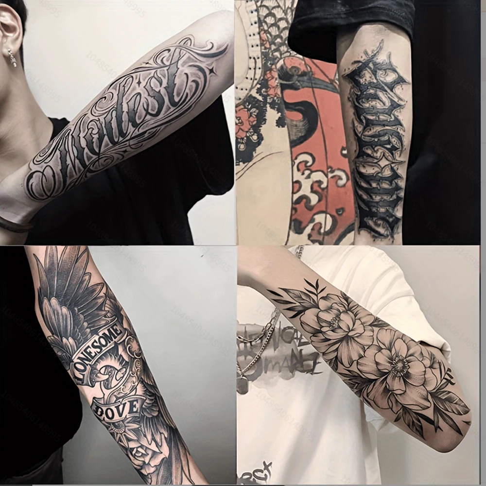 (English Cursive Style Pattern) Botanical Temporary Tattoos, Realistic & Long-Lasting, Gradual ...