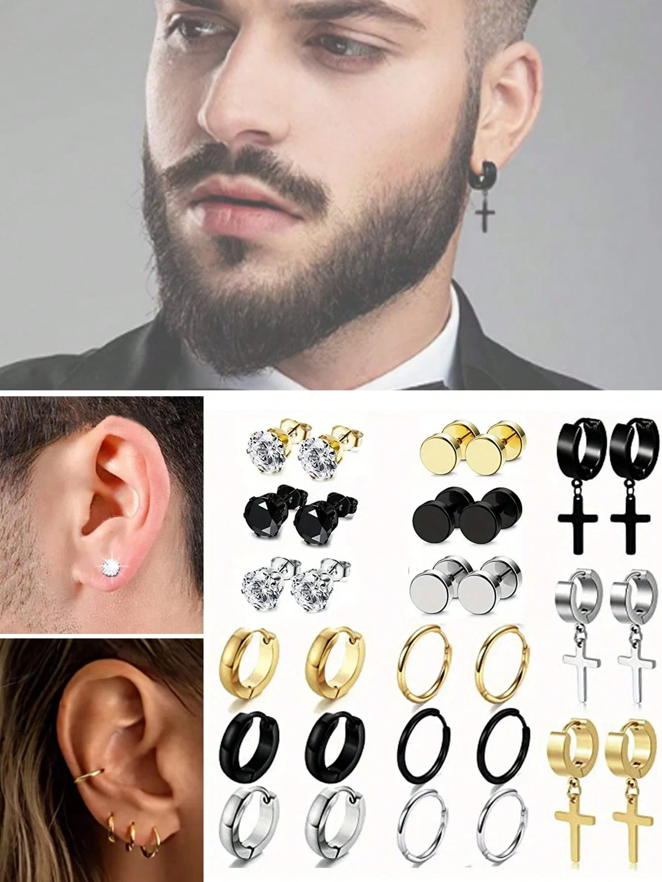 15 Pair Earrings For Men Black Silvery Golden Stainless Steel Earrings ...