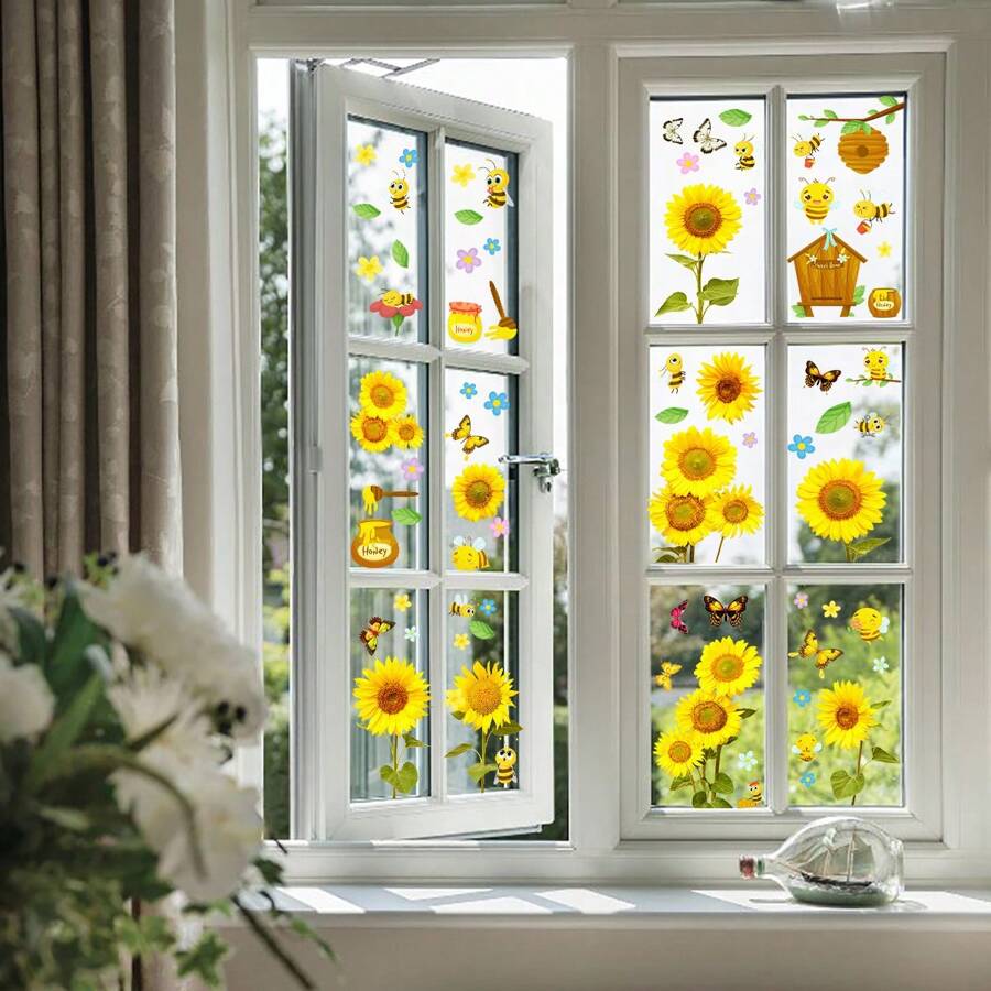 5pcs 3D Sunflower Pattern Window Decal, Removable PVC Glue-Free Static ...