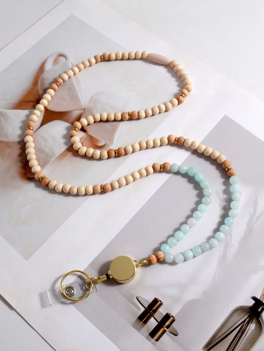 New Europe Wood Bead Retractable ID Badge Holder Necklace Keys Chains ...