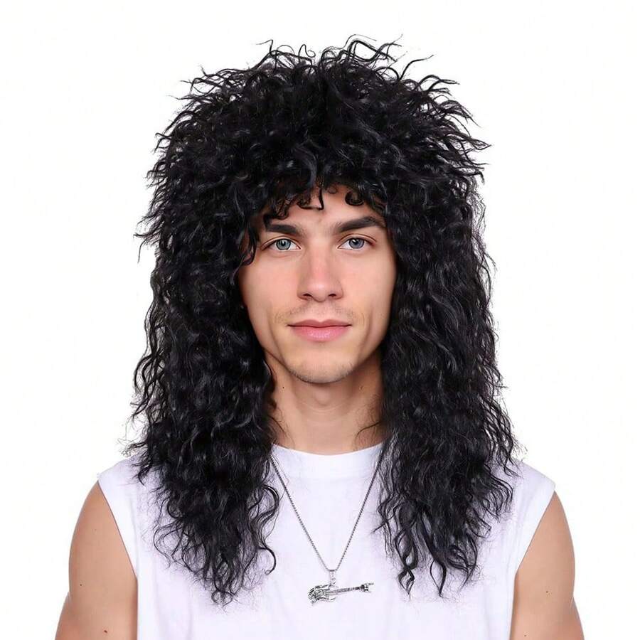 Men's 80s Wig Black Mullet Wigs Halloween Costume Male Wig Punk Heavy ...