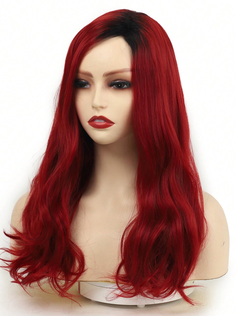 Long Wavy Red Wig With Middle Part, No Bangs, Synthetic Hair Wig ...