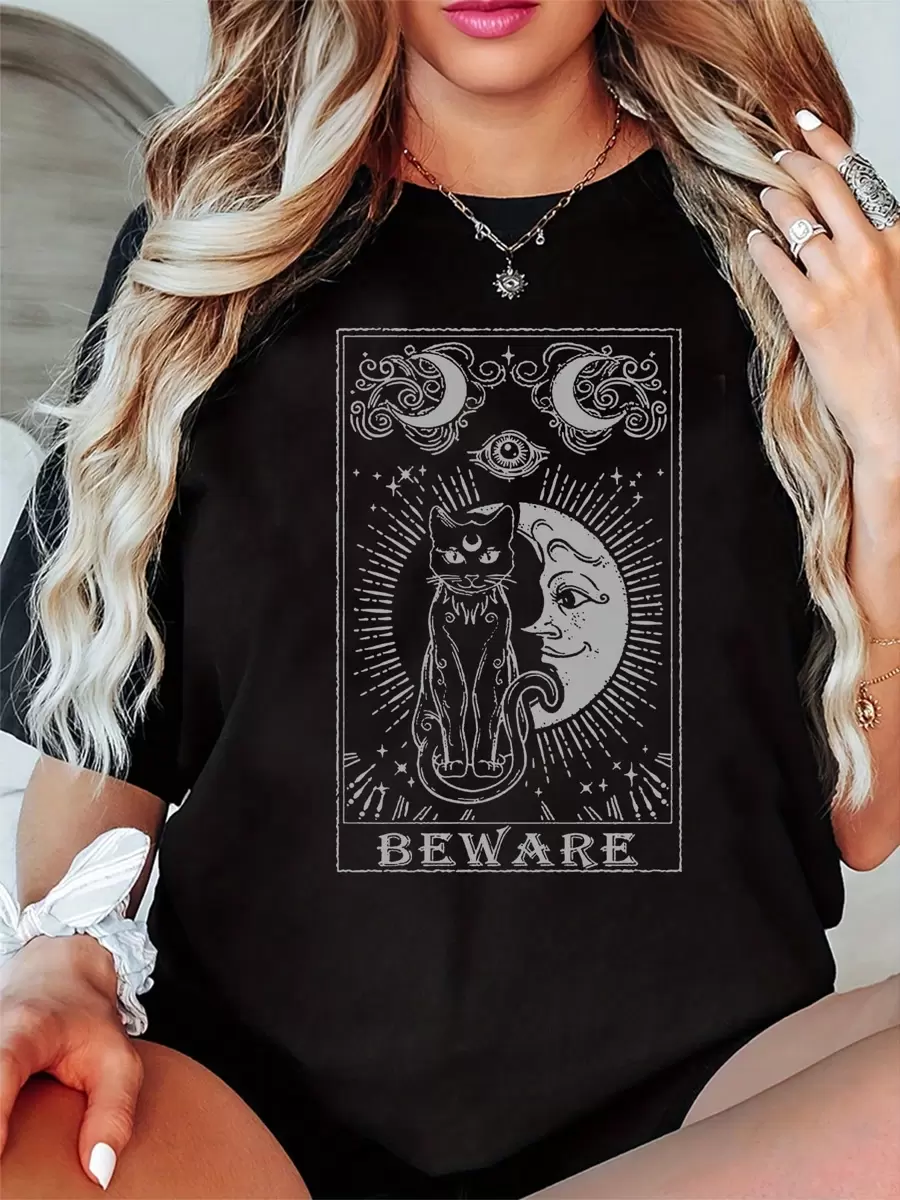 Tarot Card With Cat, Spiritual Cat Motif, Fortune Teller T-Shirt Cotton ...