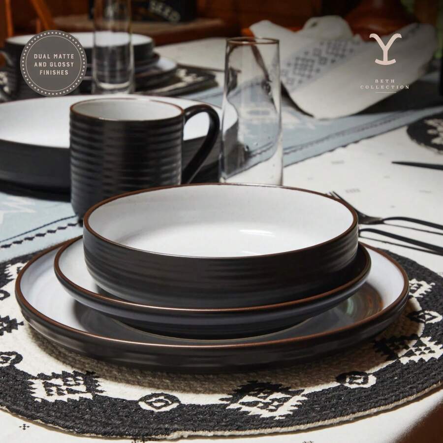 Yellowstone 12-Piece Ceramic Dinnerware Set, Beth Collection | SHEIN ...