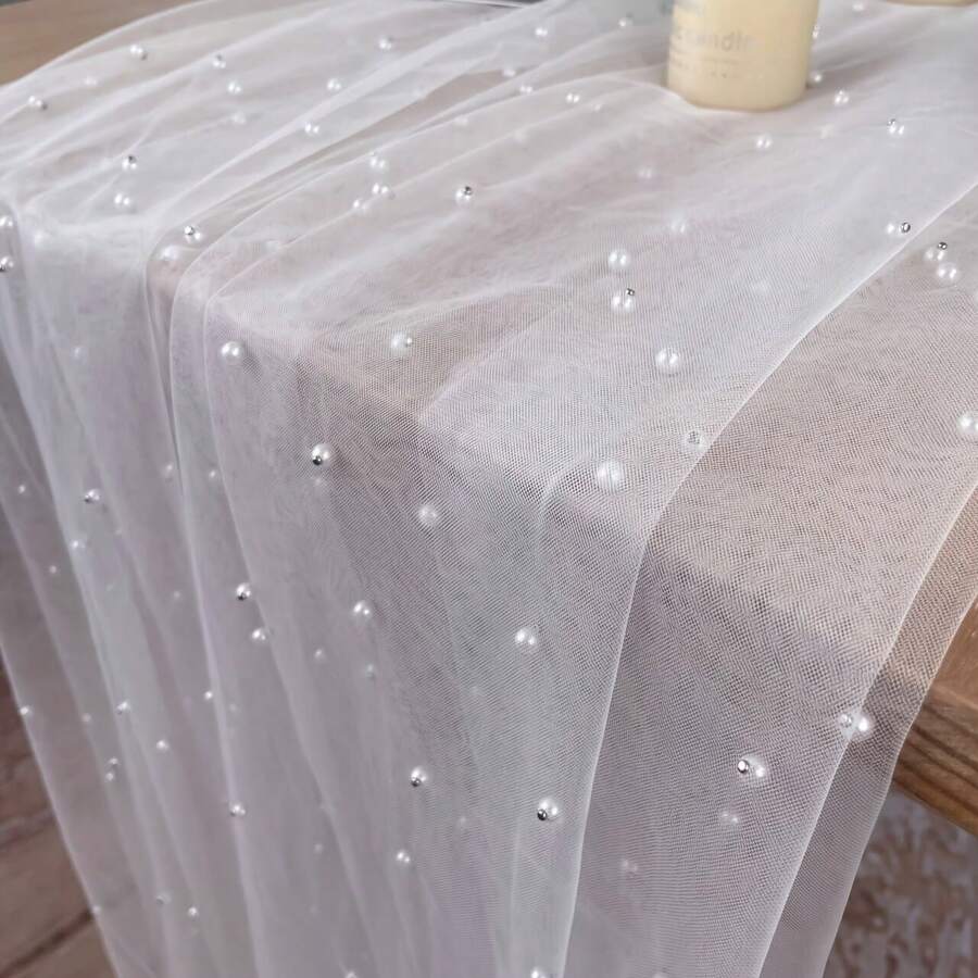 Pearl Table Runner White Tulle Table Runner Boho Polyester Table Runner ...
