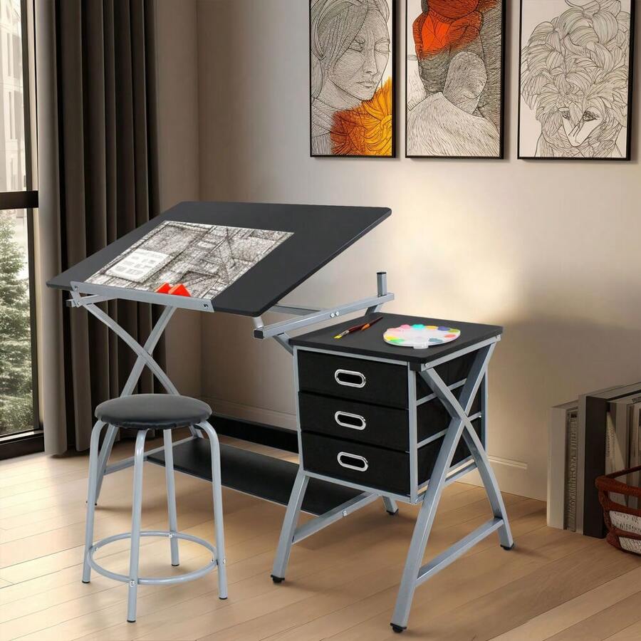 Drafting Table And Stool Set Drawing Drafting Desk W/Drawers Artists ...