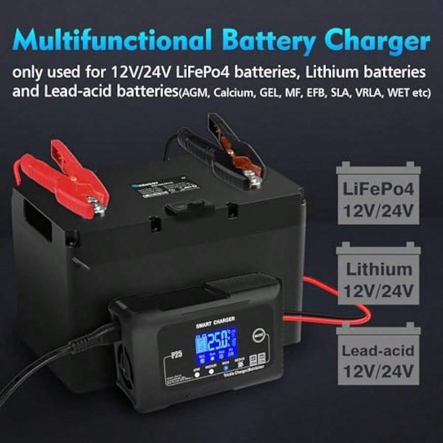 25A Car Battery Charger 12V 24V LiFePO4 Battery Maintainer Desulfator LCD Screen SUV Motorcycle ...