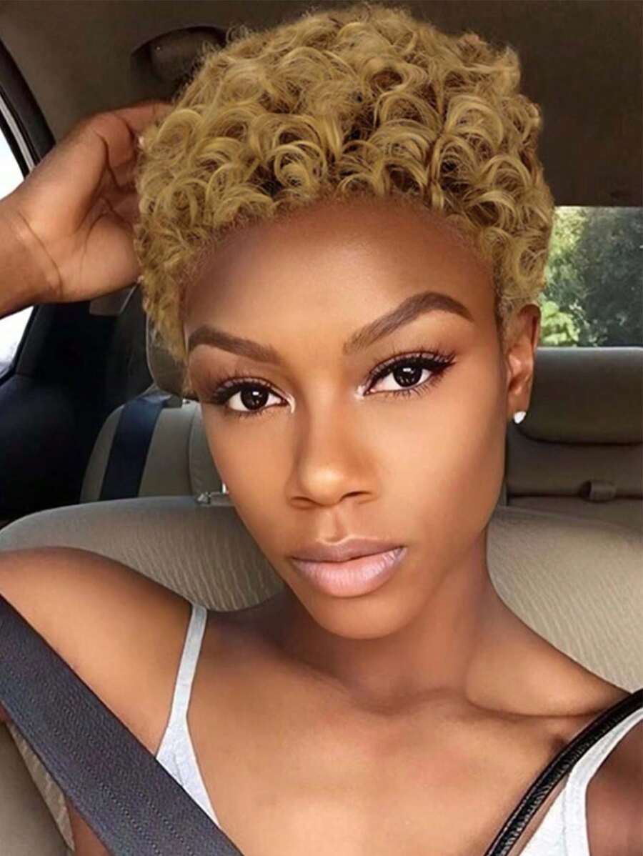 Peluca rizada afro color rubio corta para mujeres, peluca completa y ...