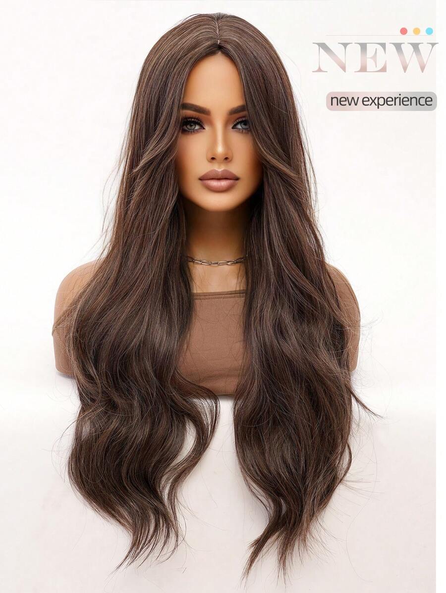 clouder Khaki Long Hair Wavy Synthetic Wig Women's Natural Brown Wig Center Parted Bangs Natural ...