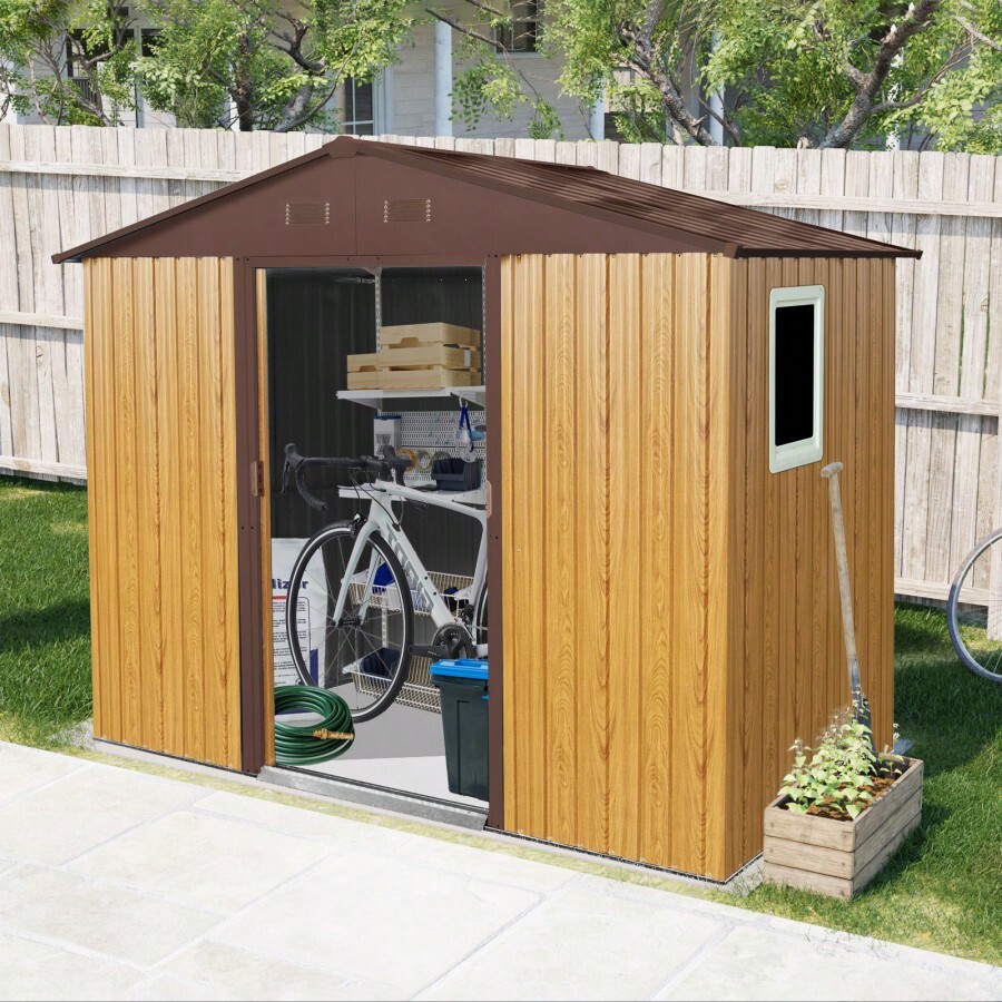 8 Ft X 4 Ft Outdoor Metal Storage Shed With Window And Metal Foundation For Backyard, Patio ...