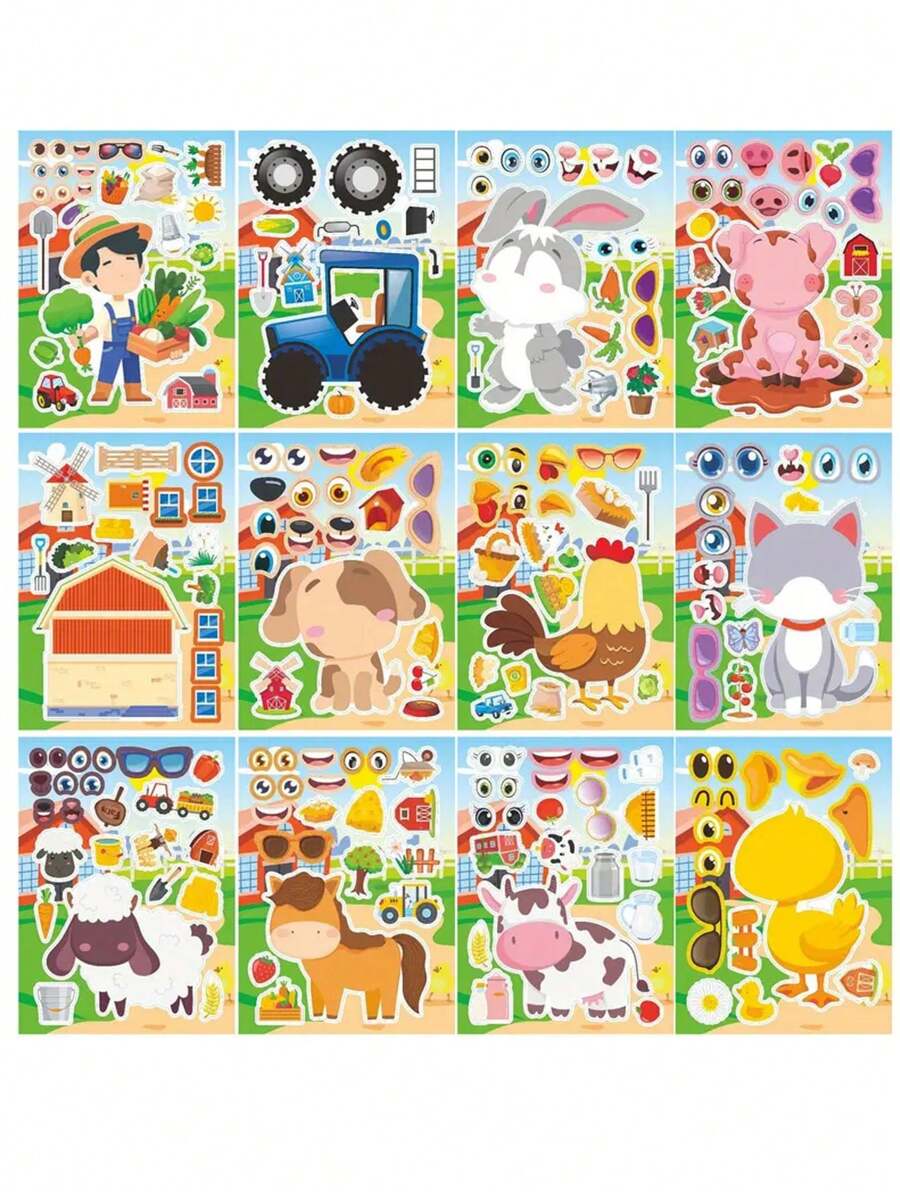 12pcs Farm Animal Stickers - DIY Face Changing Stickers, Features ...