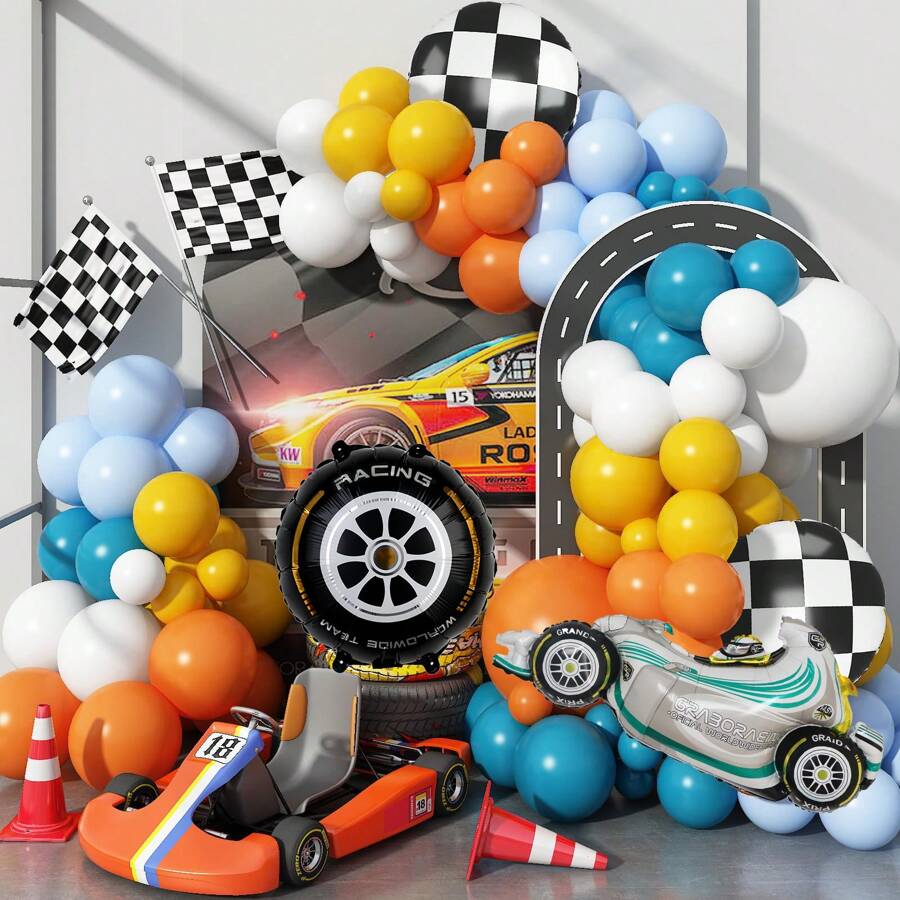 Racing Theme Balloon Arch Set, Include Red, Blue, Black Checkered ...