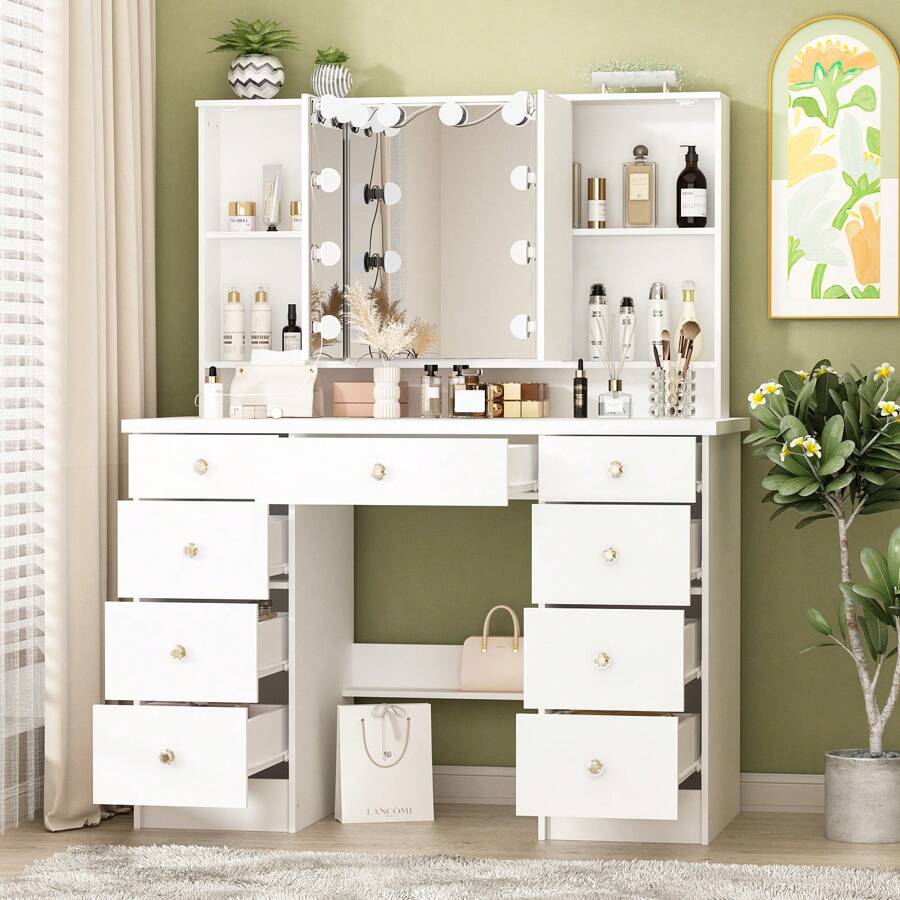 ECACAD Luxurious LED Makeup Vanity With 9 Drawers Elegant Makeup ...