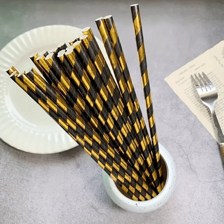 A Pack Of 25/50, Hot Black Gold Striped Disposable Paper Straw, Table ...