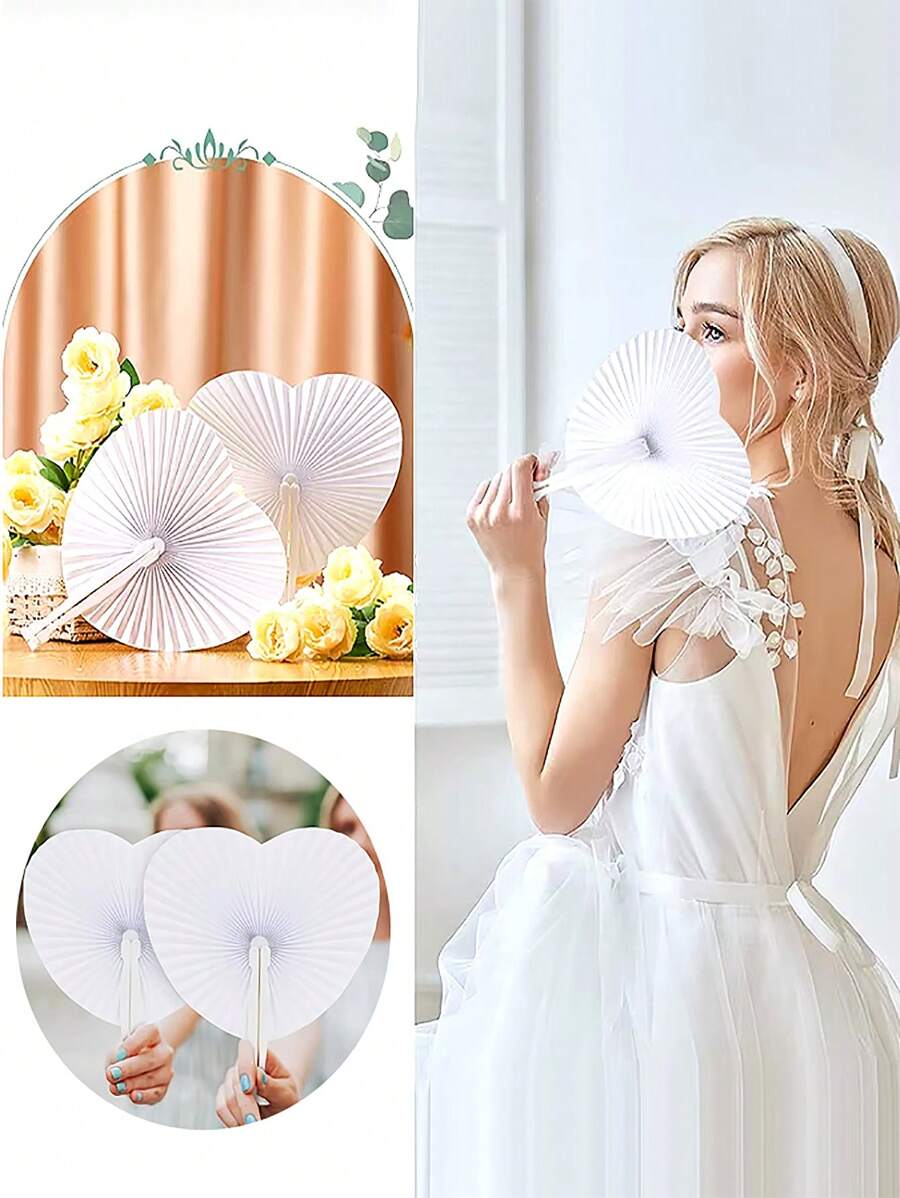 5pcs/Set White Heart-Shaped Handheld Fans, DIY Wedding Heart Paper Fans ...