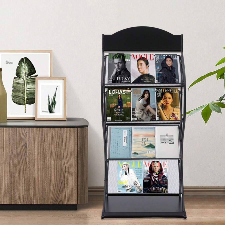 4-Tier Floor-Standing Magazine Rack, Black Iron With Plastic Coating ...