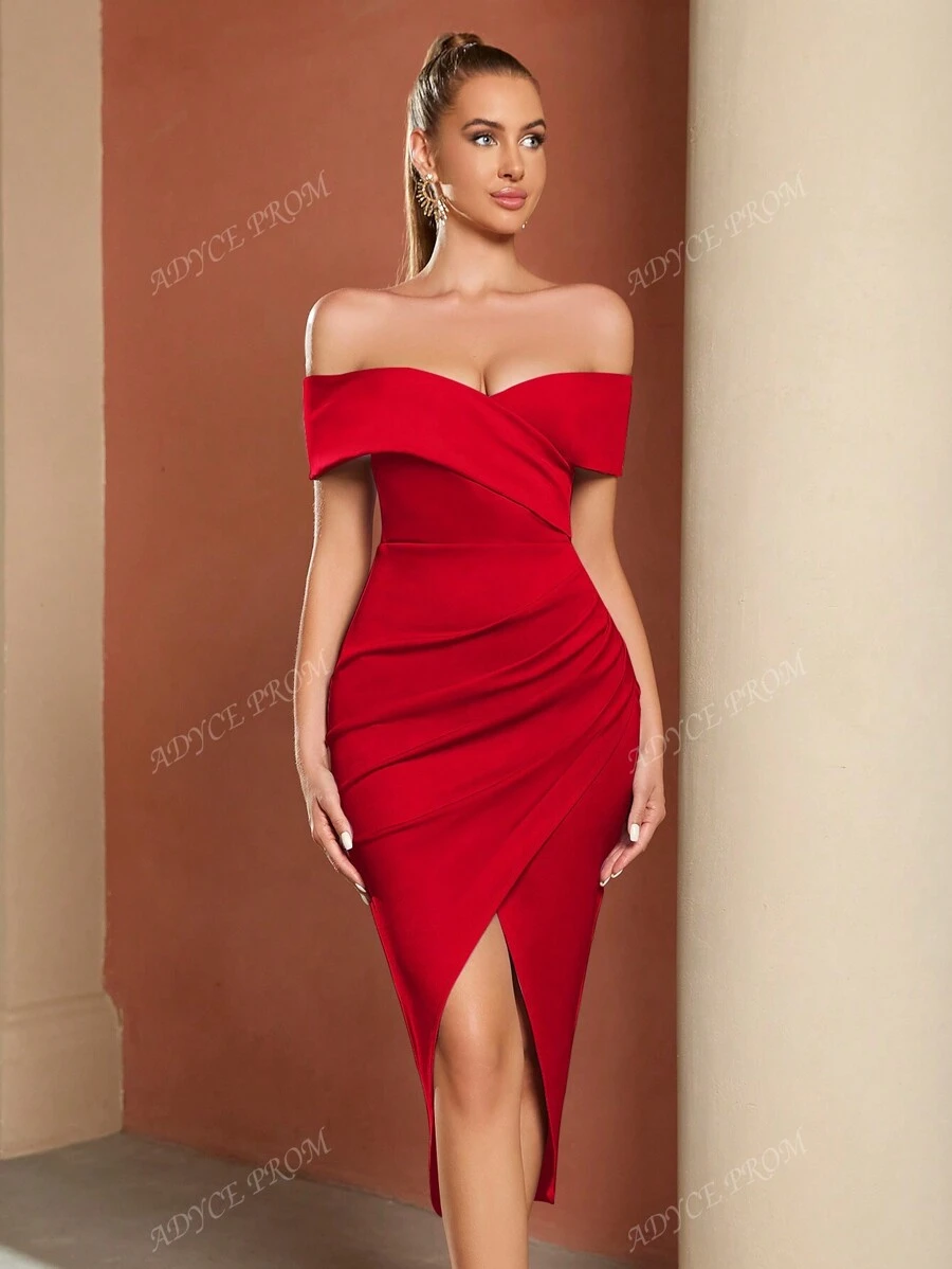 ADYCE One Shoulder Solid Color Bowknot Decor Strapless Slit Backless Midi Cocktail Party Prom ...
