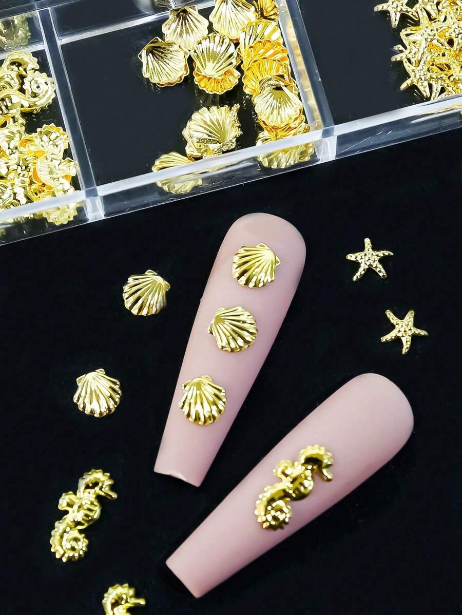 6 Grid Gold Seashell Starfish Nail Charms Metal Rivets Accessories ...