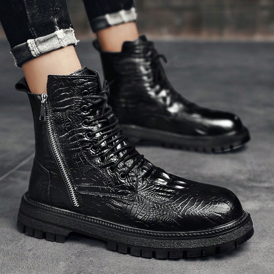 New Men High Top Lace-Up Boots, Simple Solid Color Crocodile Pattern ...