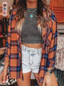 Women's Plaid Collar Button Pocket Long Sleeve Plaid Shacket, Autumn ...