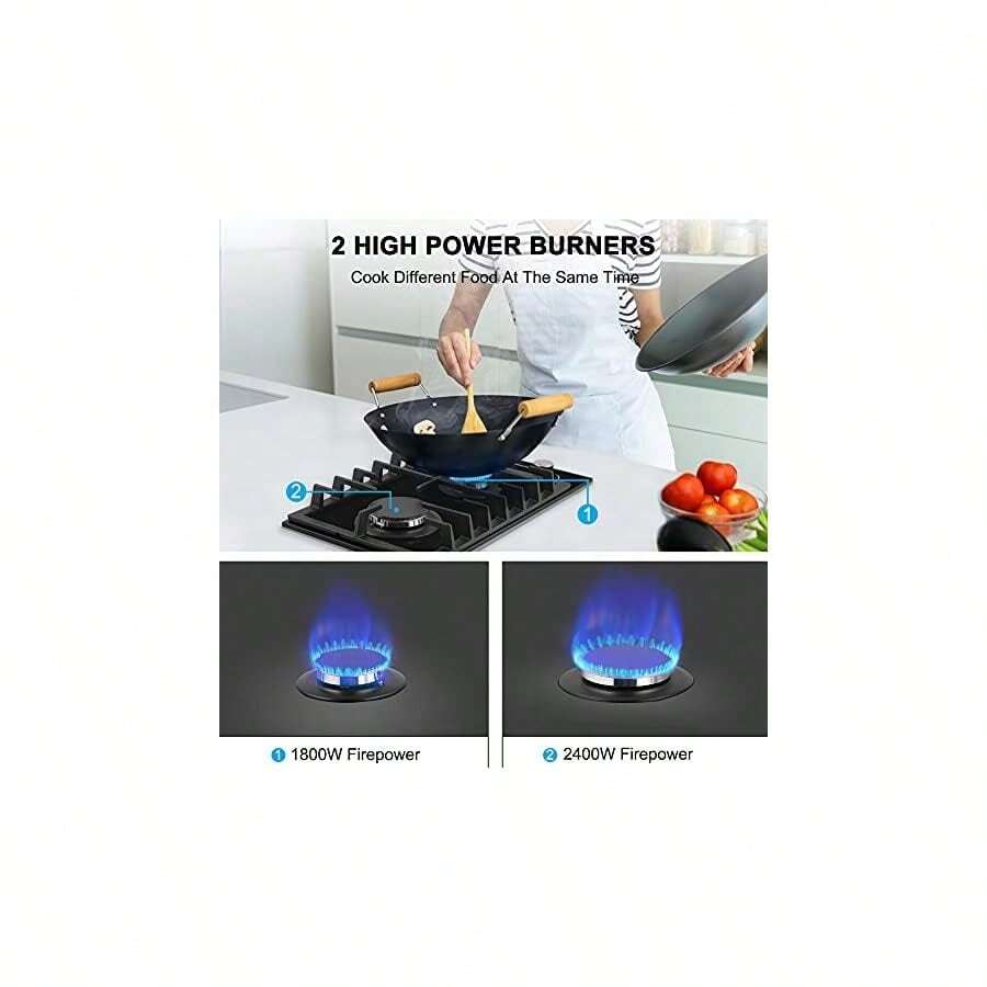 30cm 2 Burners Gas Hob Black Glass Cooktop Flame Failure Protection ...
