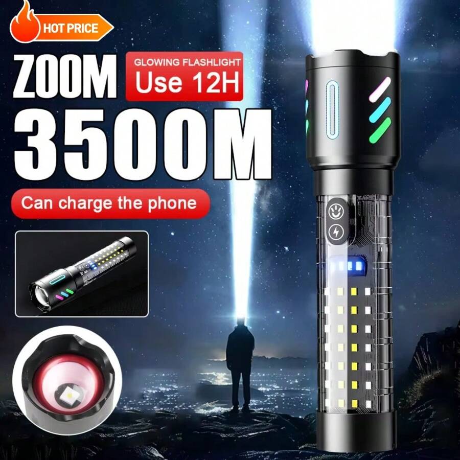 1pc Multi Functional Long Range LED Flashlight Powerful Type C ...