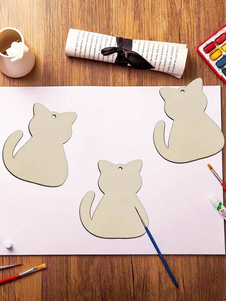 20pcs Wooden Cats DIY Cat Crafts Paintable Cat Shaped Wood Slices Gifts ...