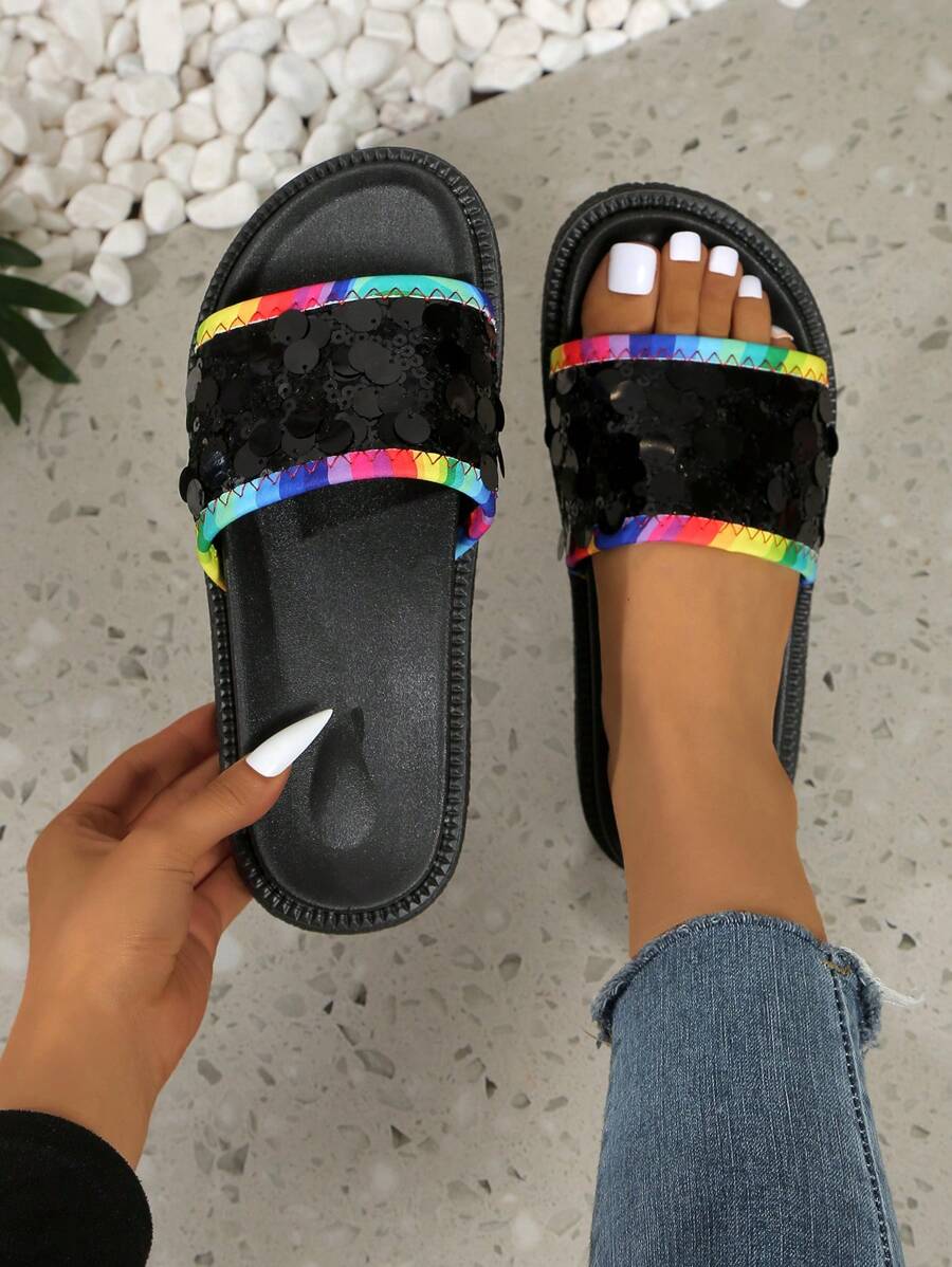 Sequin One-Strap Sandals For Women, 2024 New Thick Bottom Rainbow ...