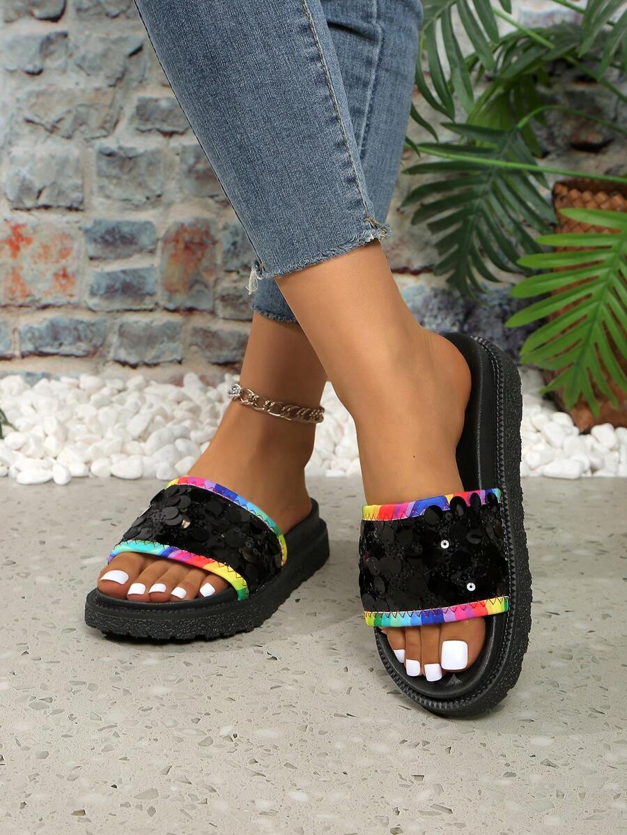 Sequin One-Strap Sandals For Women, 2024 New Thick Bottom Rainbow ...