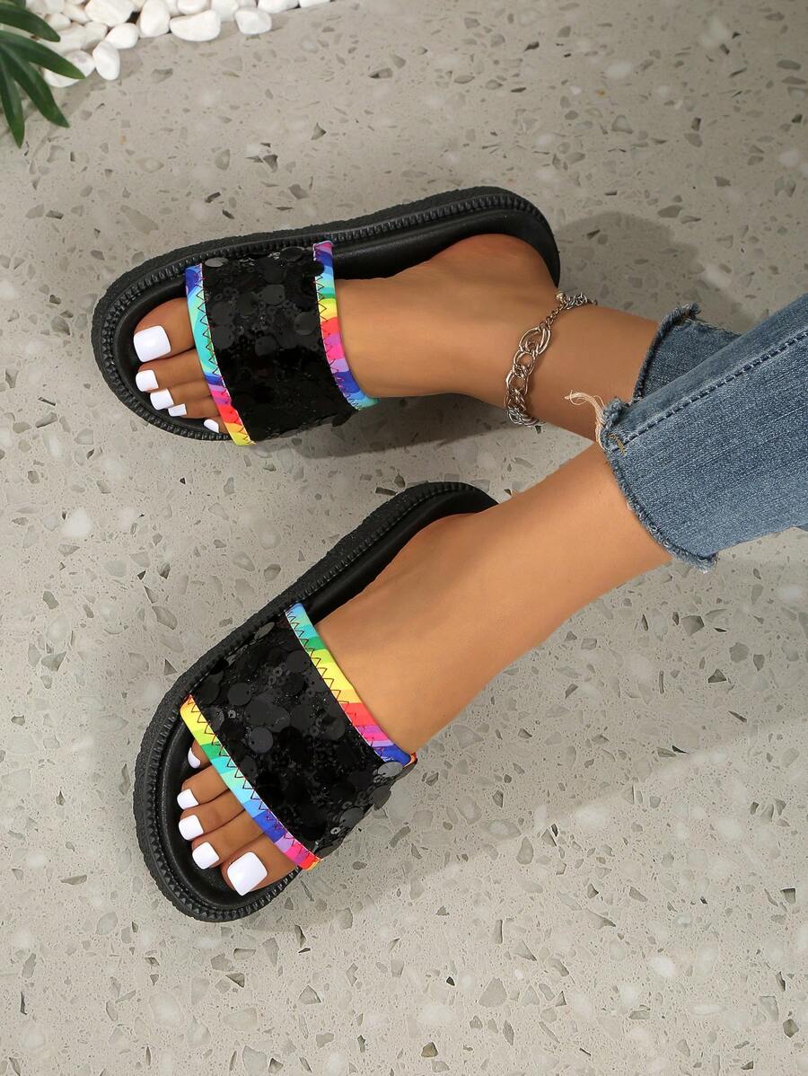 Sequin One-Strap Sandals For Women, 2024 New Thick Bottom Rainbow ...