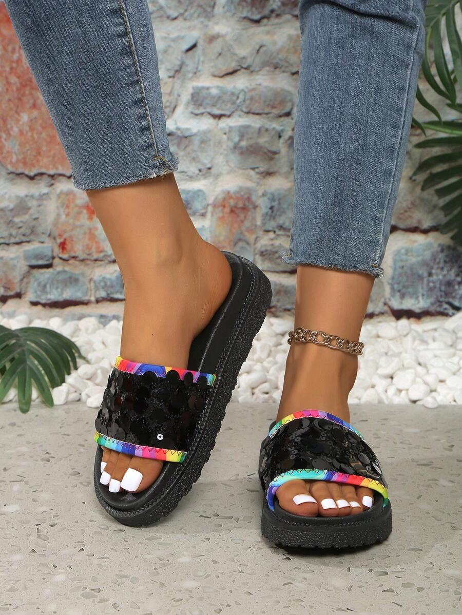 Sequin One-Strap Sandals For Women, 2024 New Thick Bottom Rainbow ...