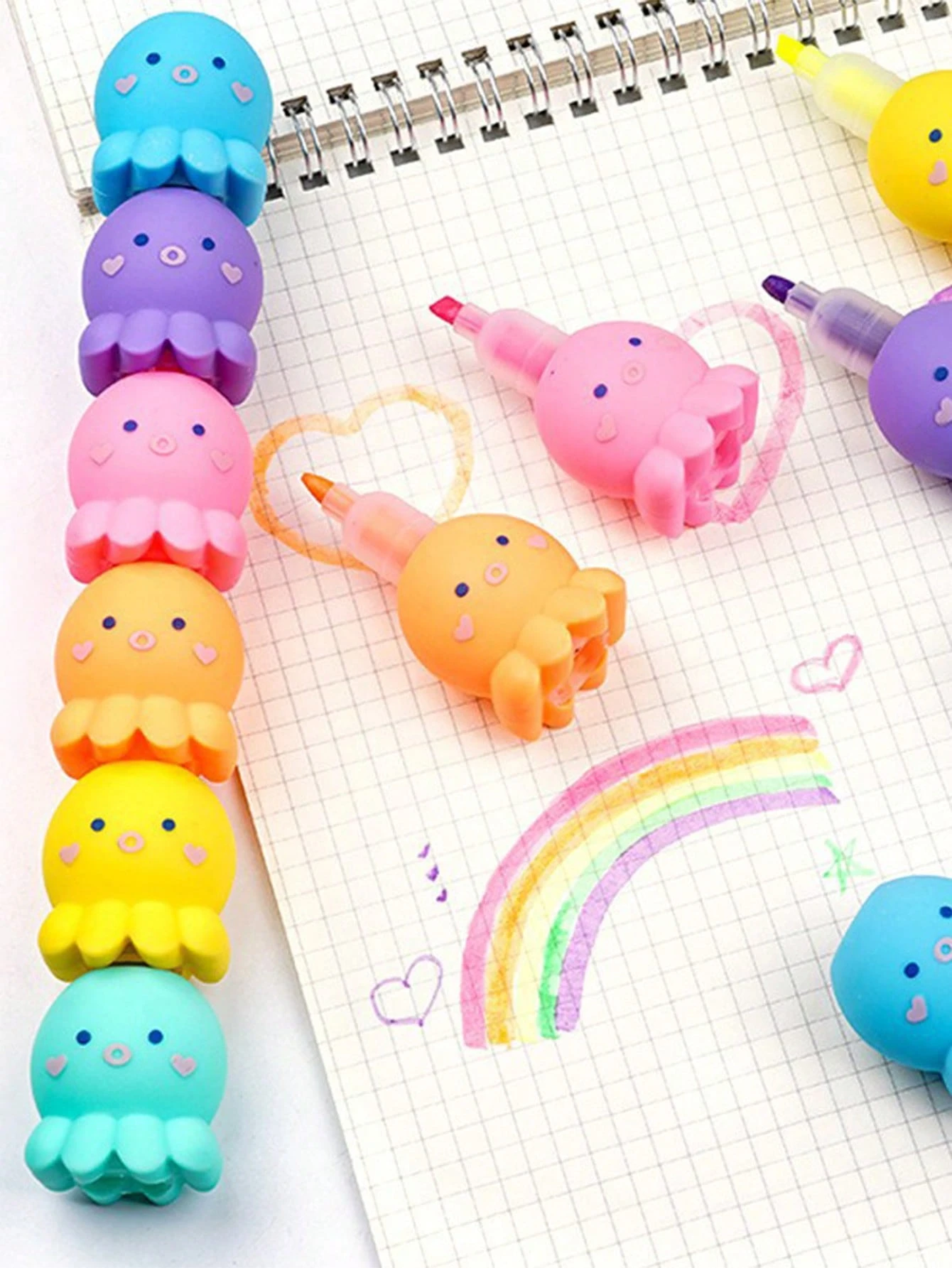 A Set Of 5 Pcs Fluorescent Marker Pens, Cute Octopus Shape Highlighter ...